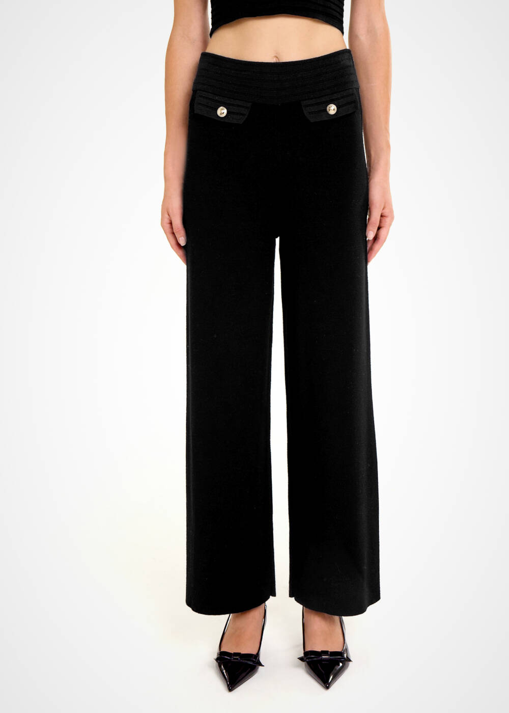 Belt Detailed Black Knit Pants | Knitss