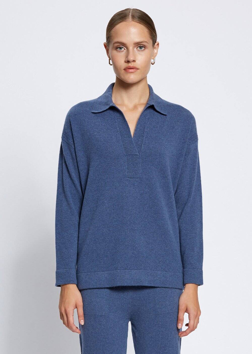 Cable Detailed Polo Neck Blue Cashmere Sweater | Knitss