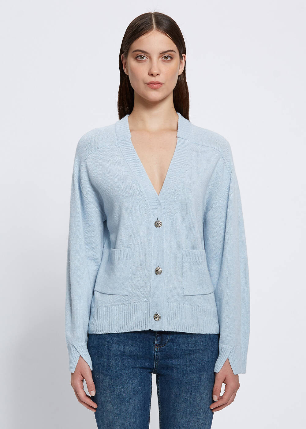 Cashmere Blend Pocket Detailed Ice Blue Knit Cardigan | KNITSS