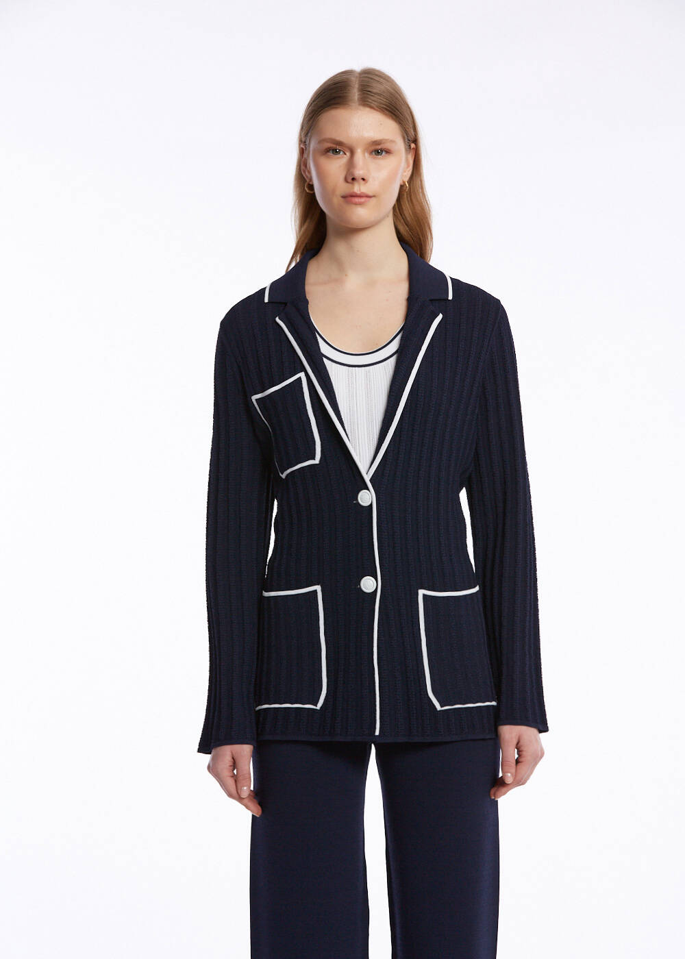 Contrast Striped Navy Knit Jacket | Knitss