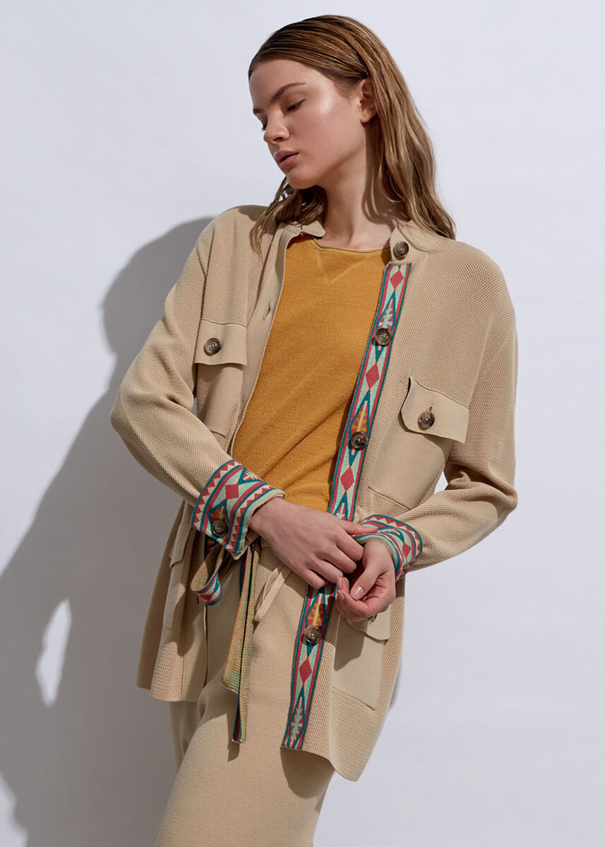 Ethnic Trimmed Sand Knit Jacket | Knitss