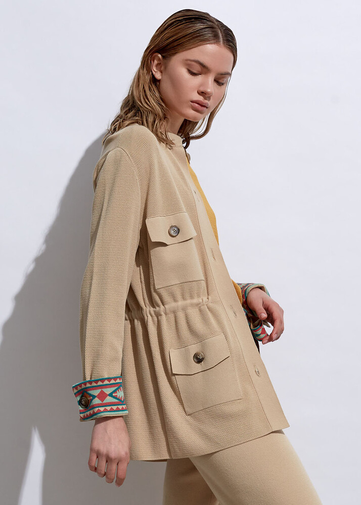 Ethnic Trimmed Sand Knit Jacket | Knitss