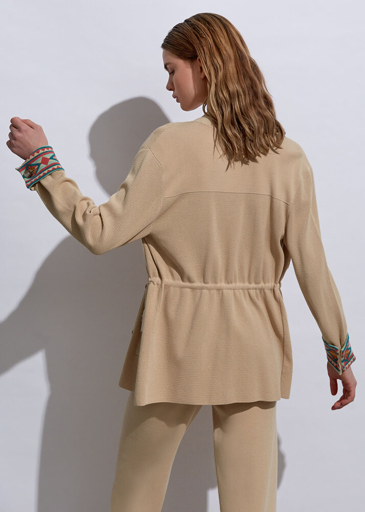 Ethnic Trimmed Sand Knit Jacket | Knitss