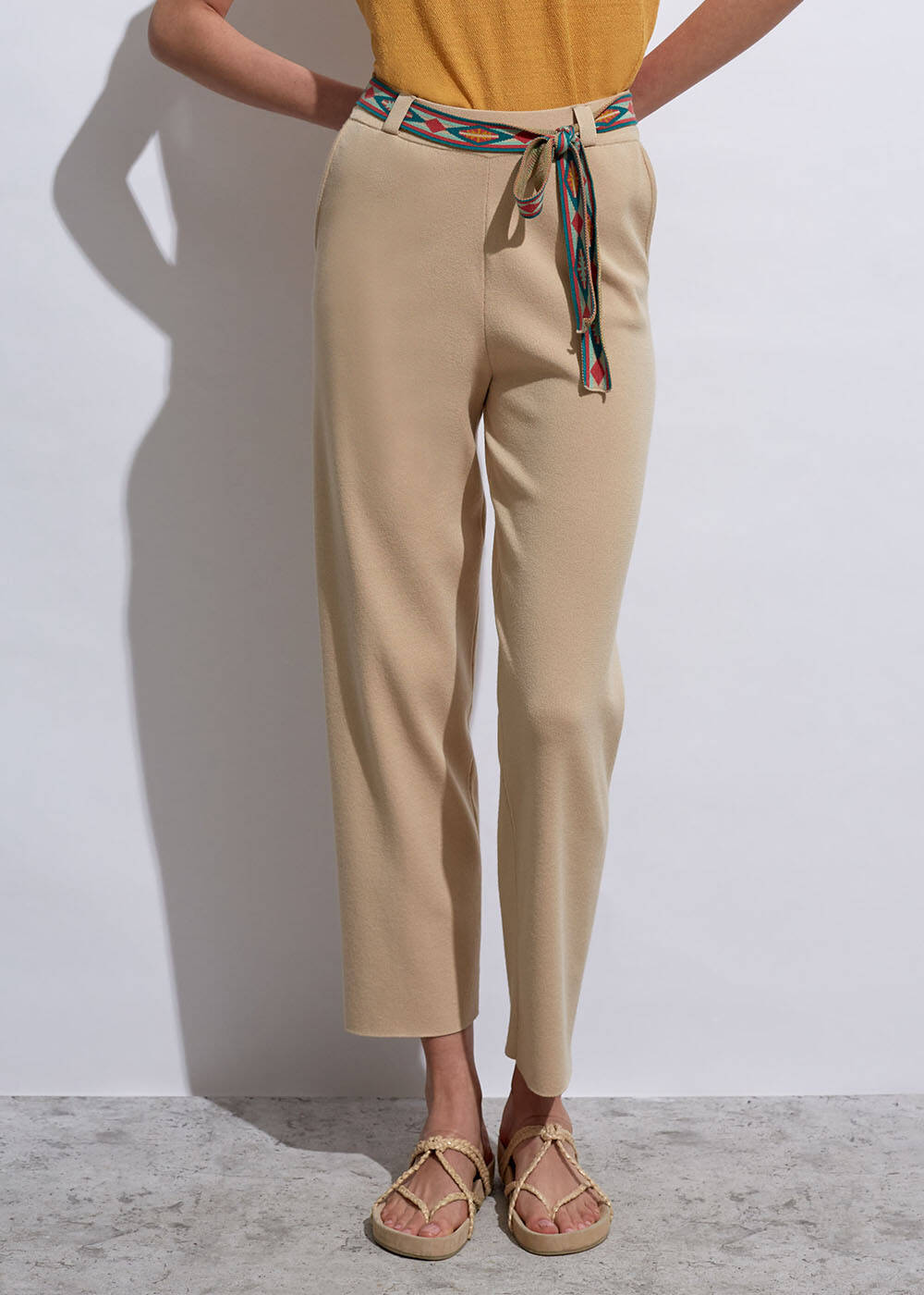 Ethnic Trimmed Sand Knit Pants | Knitss