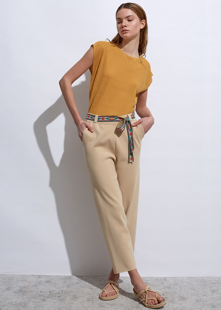Ethnic Trimmed Sand Knit Pants | Knitss