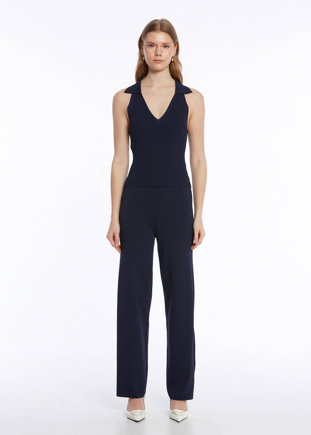 Ribbed Detailed Navy Knit Pants | Knitss