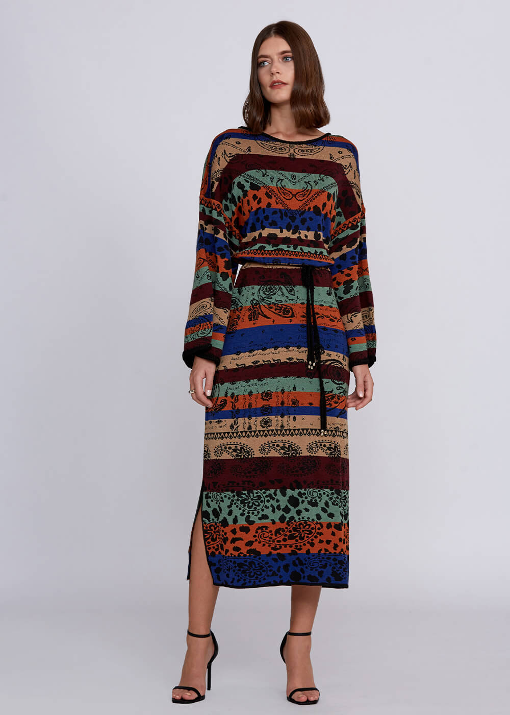 Jacquard Pattern Merino Wool Long Knit Dress | Knitss