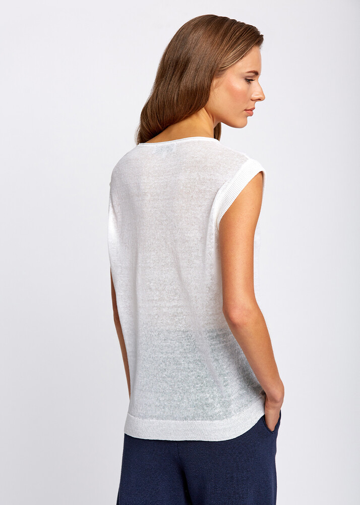 Keten Karışımlı Kolsuz Beyaz Triko Üst | Knitss