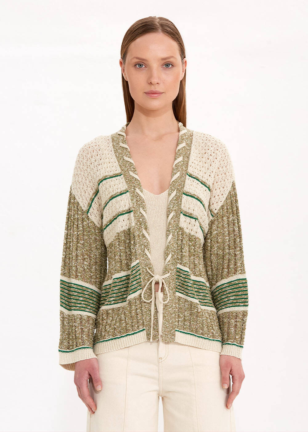Lacing Detail Color Block Knit Cardigan | Knitss