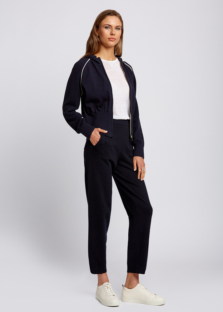 Organic Cotton Contrast Piping Detail Navy Knit Jacket | Shop for Women ...