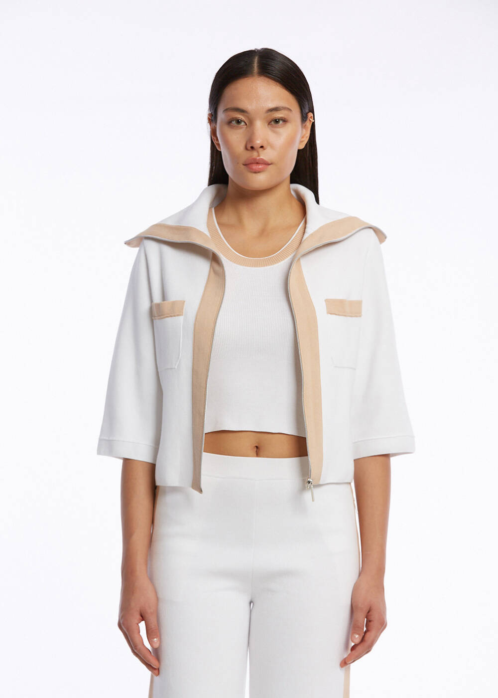 Organic Cotton White Beige Knit Jacket | Knitss