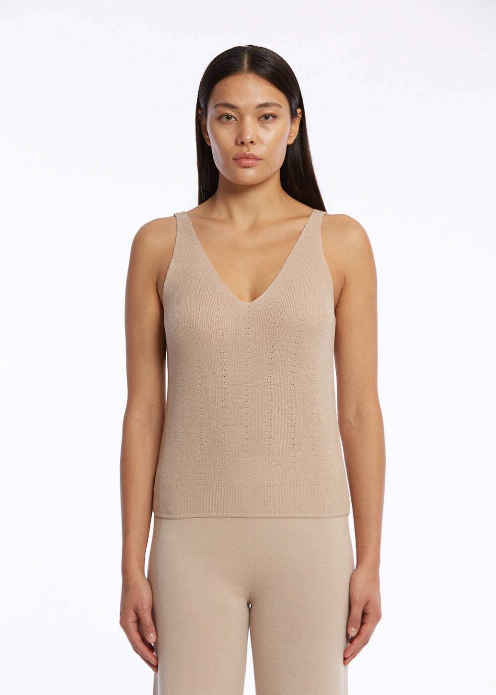 Organik Pamuk Keten Karışımlı Triko Üst Bej | Knitss