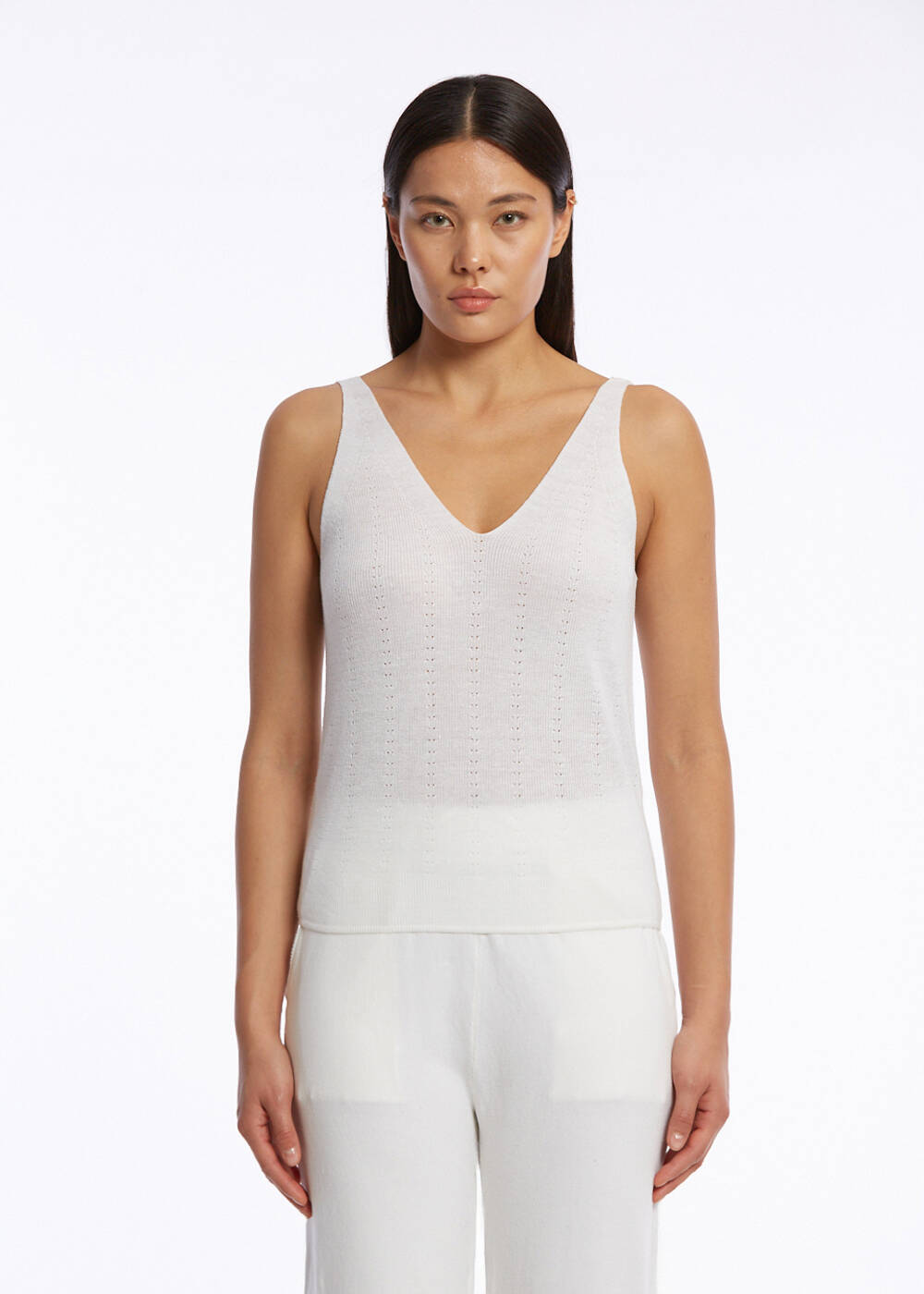 Organik Pamuk Keten Karışımlı Triko Üst Beyaz | Knitss