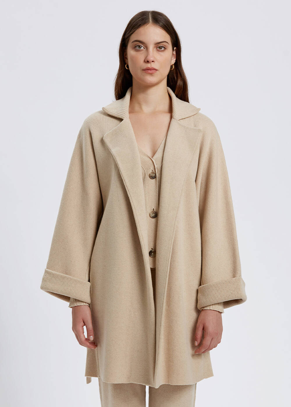 Oversize Self Belted Cashmere Cream Knit Coat | KNITSS