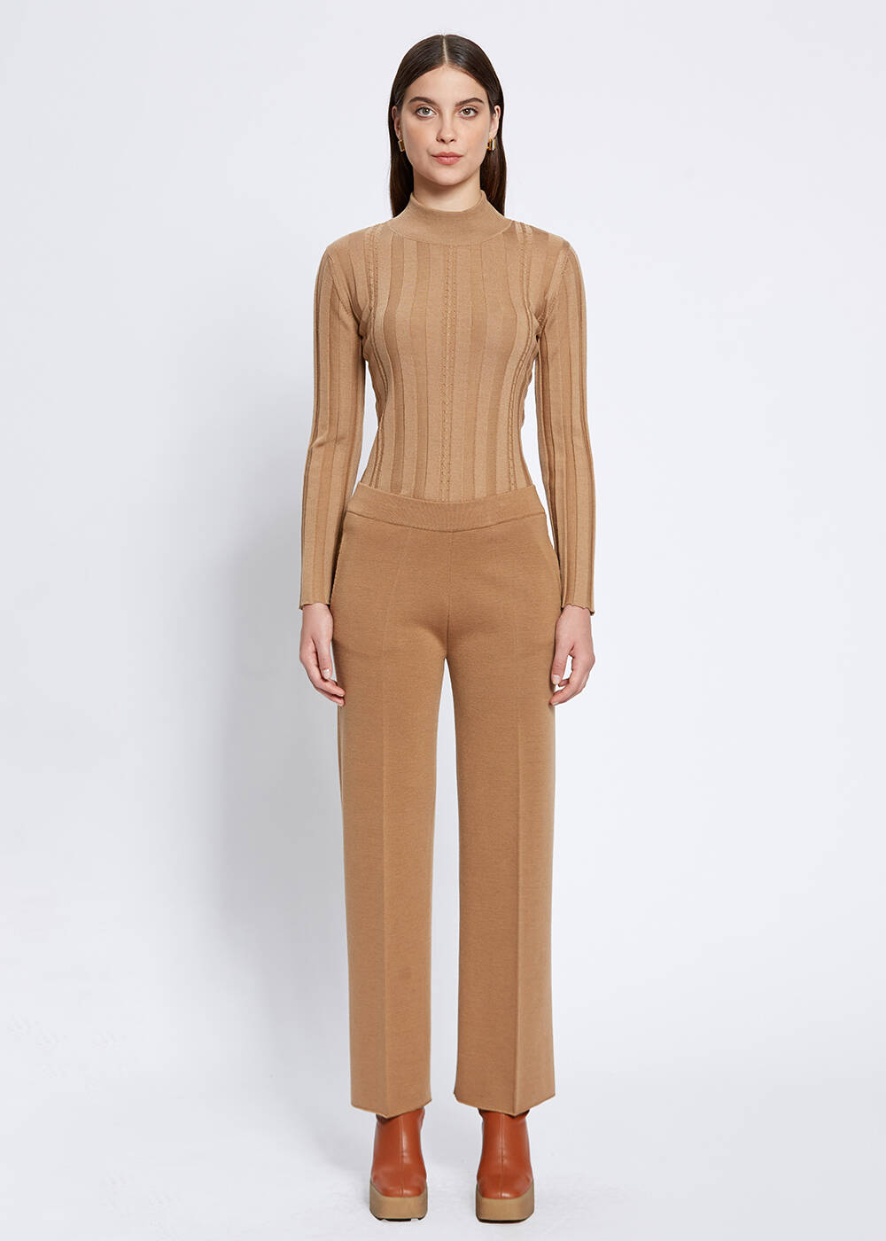 Cep Detaylı Camel Merino Yün Triko Pantolon | Knitss