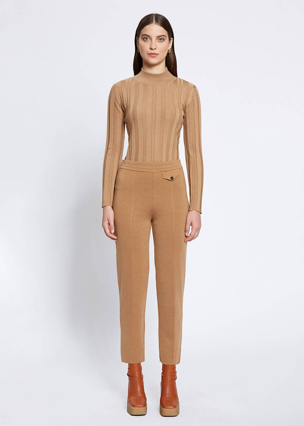 Pocket Detaıled Camel Merıno Wool Knıt Pants | Knitss