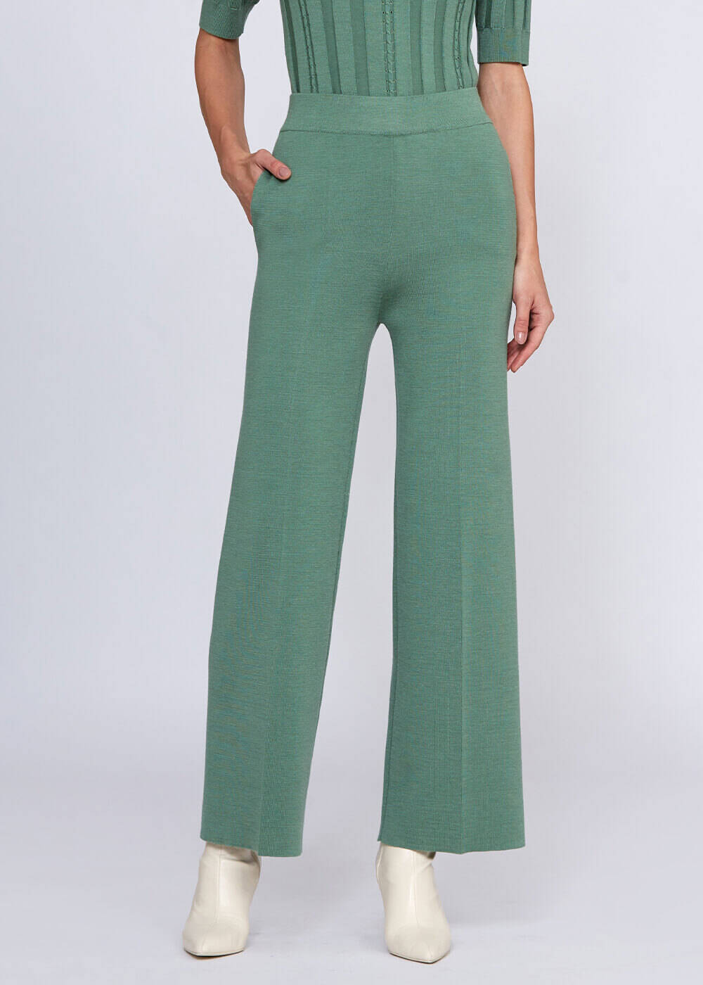Cep Detaylı Yeşil Merino Yün Triko Pantolon | Knitss