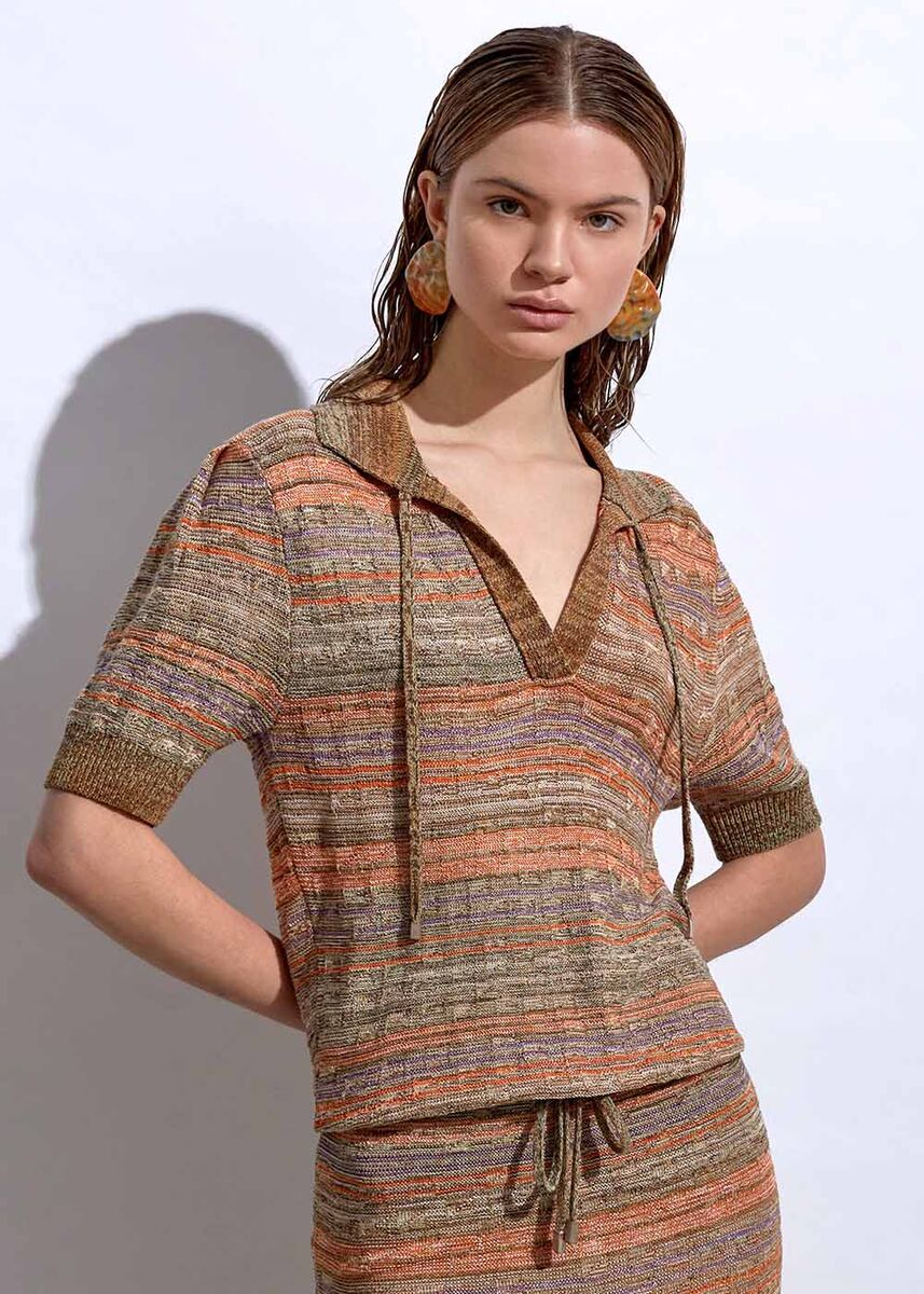Polo Neck Terracotta Knit Top | Knitss