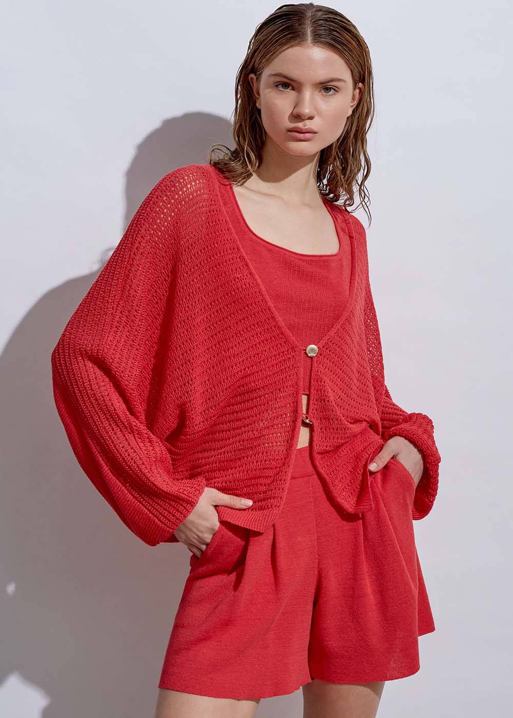 Deniz Kabuğu Düğmeli Mercan Keten Triko Hırka | Knitss