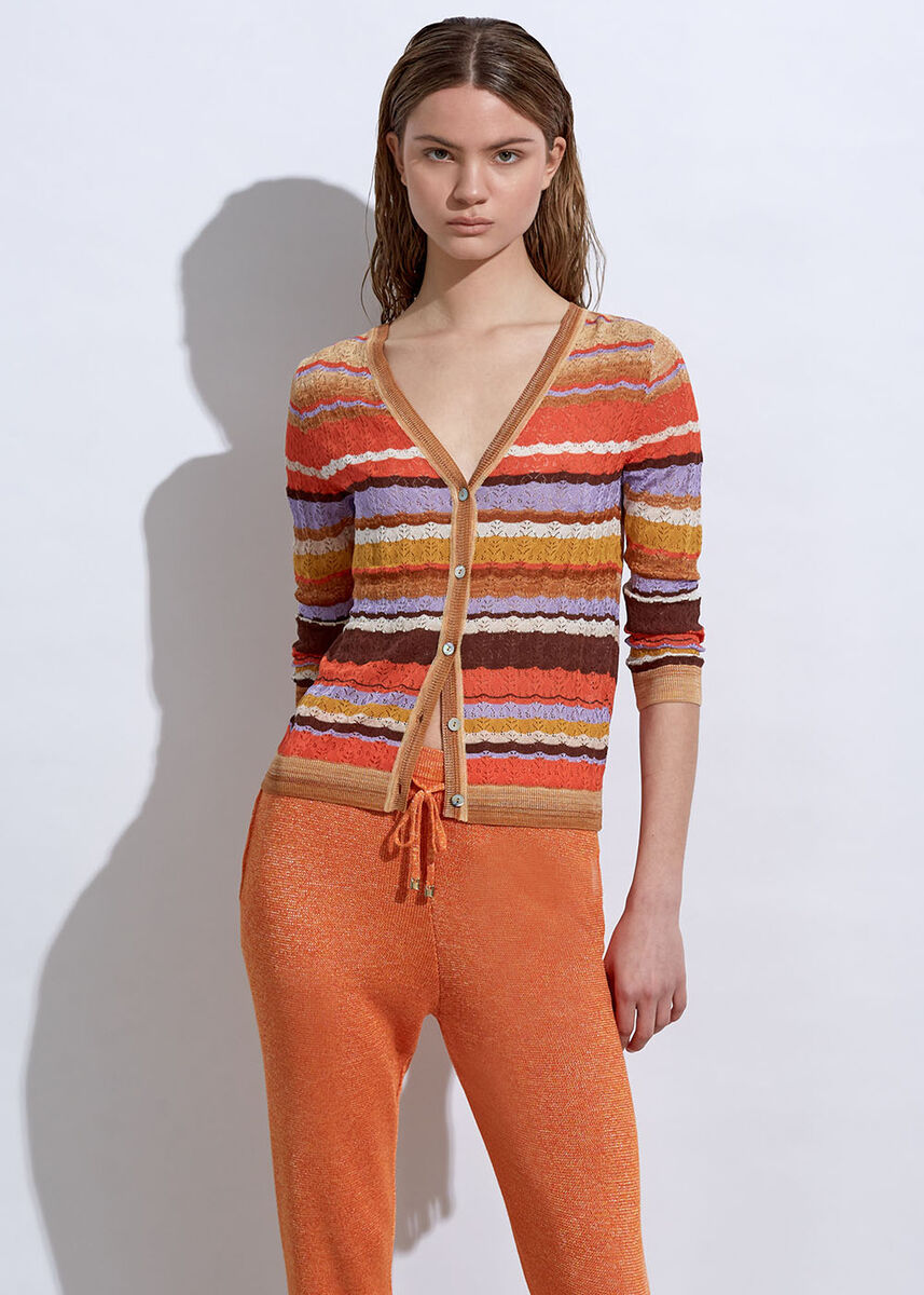 Stripe Patterned Terracotta Knit Cardigan | KNITSS