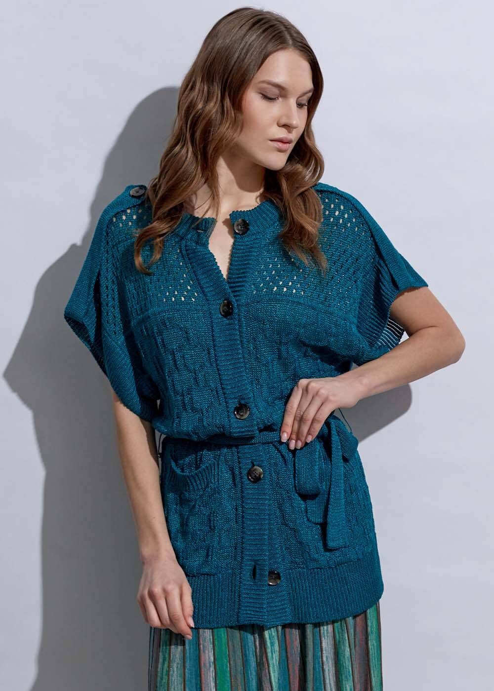 Structured Linen Verdigris Knit Cardigan | Knitss